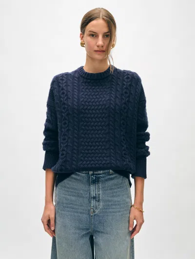 White + Warren Merino Cashmere Cable Crewneck Top In Navy Blue | ModeSens