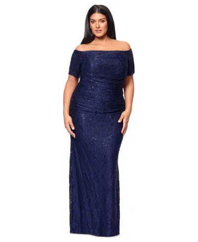 Xscape Plus Size Sequin-lace Off-the-shoulder Gown In Navy | ModeSens