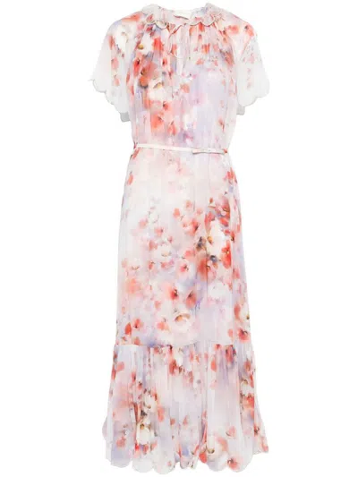 Zimmermann Light Red Floral Dress With Belt | ModeSens
