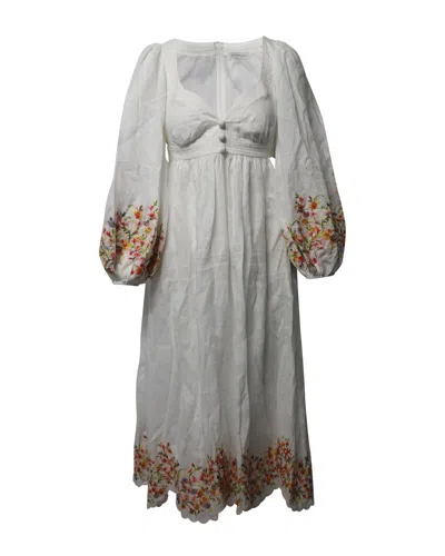 Zimmermann Mae Floral Midi Dress In White Linen | ModeSens