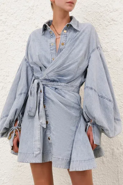 Zimmermann Rebellion Denim Wrap Mini Dress In Blue | ModeSens