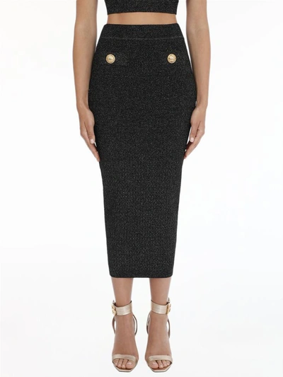Balmain Button Embellished Metallic Ribbed Knit Midi Skirt In Black