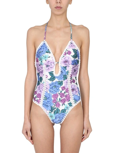 Zimmermann Floral Print Crochet Edge Swimsuit In Blue Modesens