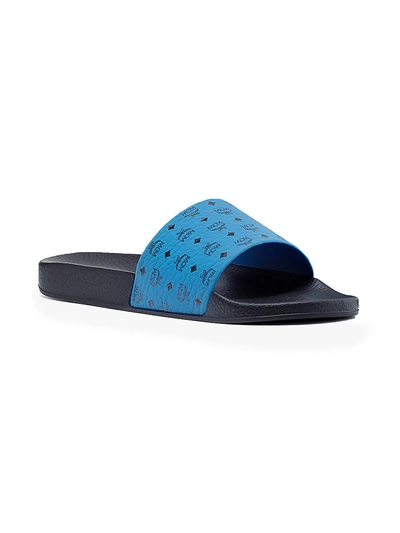 Mcm Logo Leather Pool Slide Sandals In Blue,black | ModeSens