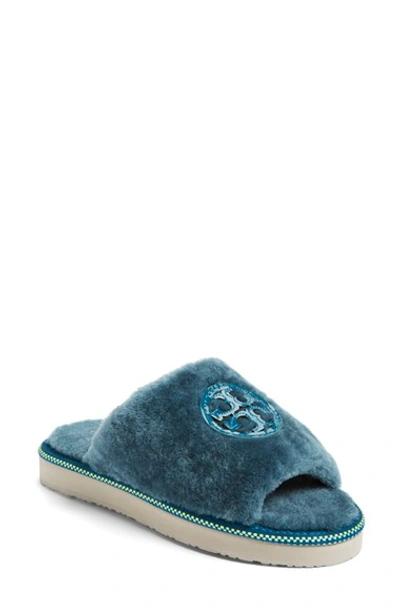 Tory Burch Shearling Logo Slide Slippers In Blue Shearling | ModeSens