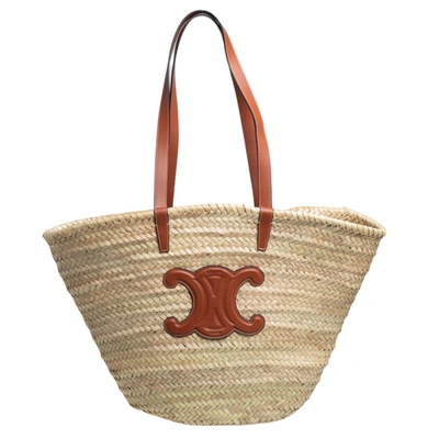 Pre-owned Celine Tan Raffia And Leather Triomphe Classic Panier Tote ...