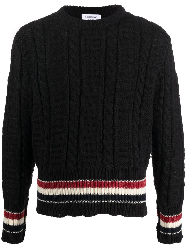 Thom Browne Black Donegal Classic Cable RWB Stripe Sweater