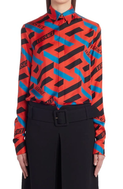 Versace La Greca Monogram Print Silk Blouse | ModeSens