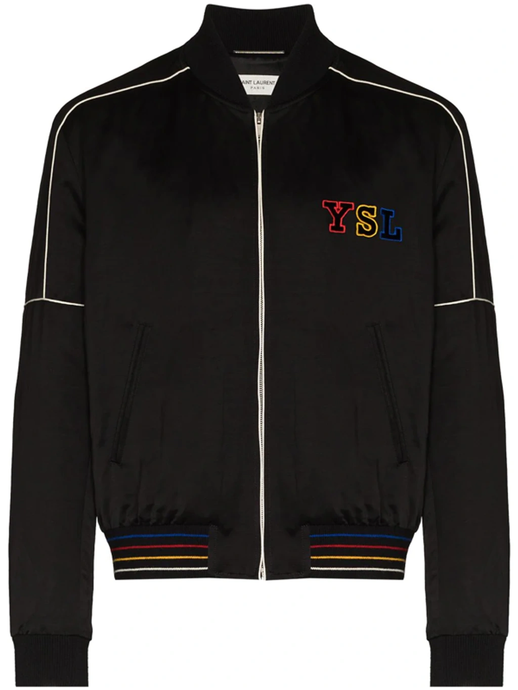 Saint Laurent Embroidered Logo Zipped Bomber Jacket In Noir Saint Laurent Embroidered Logo Zipped Bomber Jacket In Noir
