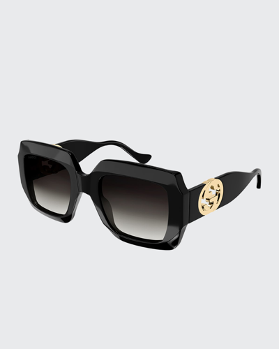 Gucci Geo Rectangle Injection Plastic Sunglasses W/ Chain Strap In Black | ModeSens