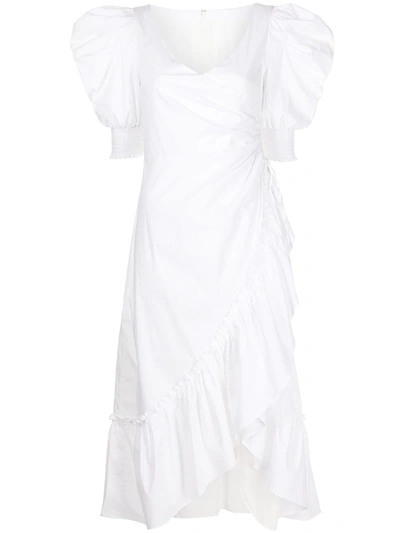 Cinq À Sept Kacy Puff-sleeve Ruffle Midi Dress In White | ModeSens