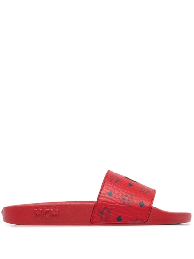 Mcm Visetos Monogram-print Slides In Candy Red | ModeSens