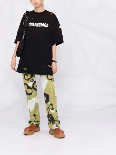 Balenciaga Ripped Logo-print T-shirt In Schwarz | ModeSens