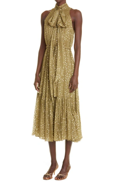 Zimmermann Pussy Bow Metallic Fil Coupé Silk Blend Crepon Midi Dress In