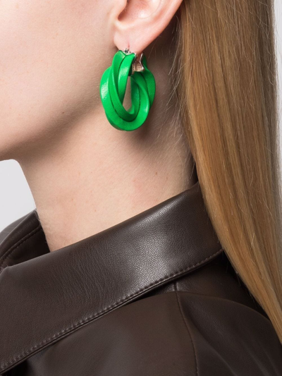 Bottega Veneta Twisted Leather And Sterling silver Hoop Earrings In Green ModeSens