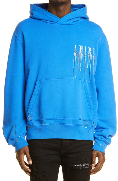 Amiri Paint Splatter Logo-embroidered Hoodie In Blue | ModeSens