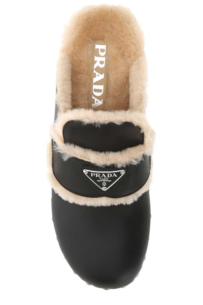 Prada Shearling-lined Leather Clogs In Nero Sabbia | ModeSens