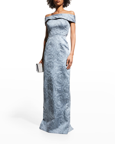 Rickie Freeman For Teri Jon Off-shoulder Jacquard Column Gown In Slate ...