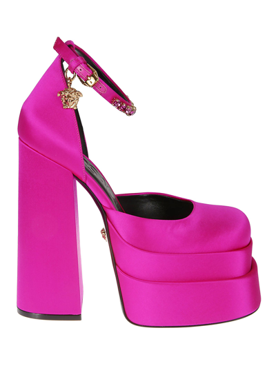 Versace Block Heel Sandals In Deep Fuxia-gold | ModeSens