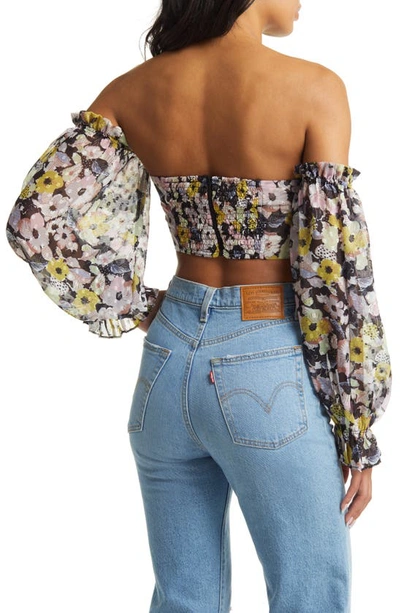 Vici Collection Floral Print Off The Shoulder Crop Top In Black Multi