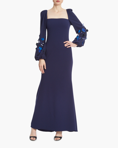 Badgley Mischka 3d Floral Sleeve Gown In Blue | ModeSens