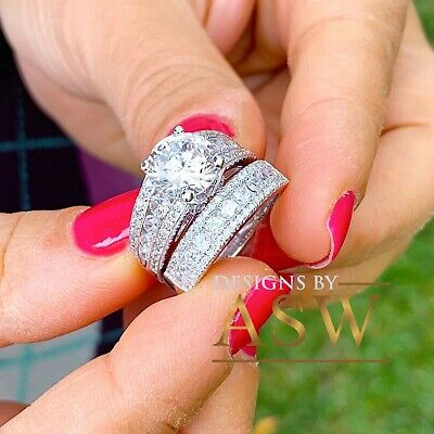 Pre-owned Asw Huge 14k Solid White Gold Round Cut Moissanite Diamond ...