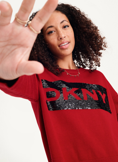 Dkny Women's Sequin Box Logo Sweater In Red | ModeSens