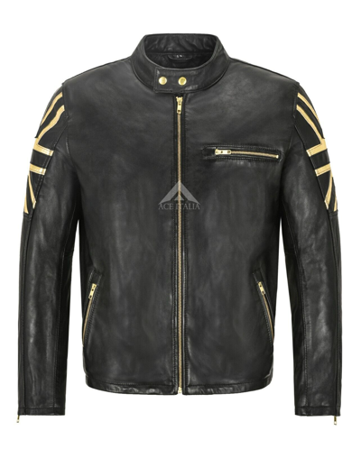 Pre-owned Smart Range Leather Cafe Racer Mens Jacket Union Jack Golden ...