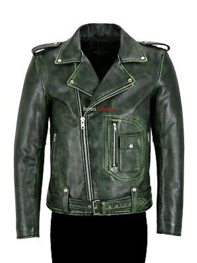 Pre-owned Smart Range Leather Men's Real Leather Riding Jacket Green ...