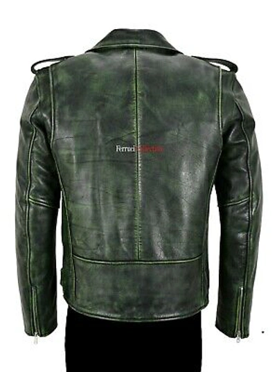 Pre-owned Smart Range Leather Men's Real Leather Riding Jacket Green ...
