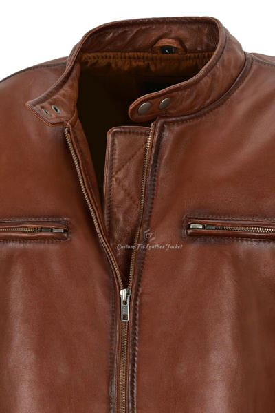 Pre-owned Smart Range Leather Racer Mens Leather Jacket Dark Saddle ...