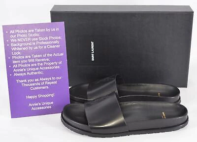Pre-owned Saint Laurent Ysl Men's Black Leather Jimmy Logo Pool Slides ...