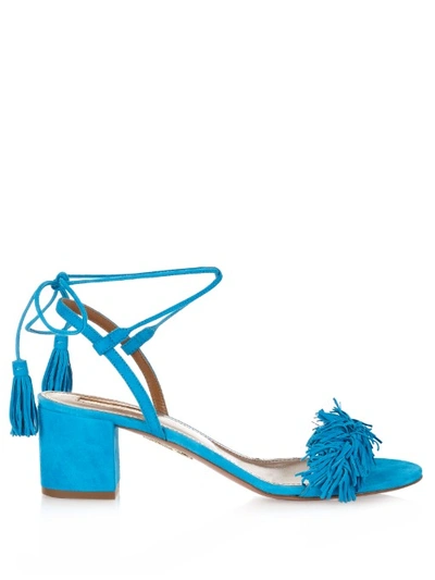 Aquazzura Wild Thing Suede Fringed Block-heel Sandals In Cyan-blue ...