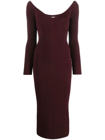 Khaite Pia Ribbed Off The Shoulder Long Sleeve Sweater Dress In Merlot
