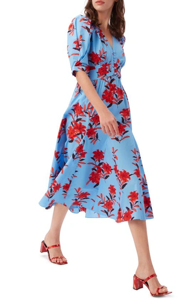 Dvf Melissa Puff Sleeve Floral Midi Dress In Argos Medium Sky Blue ...