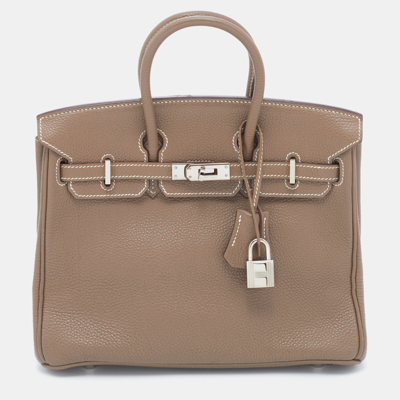 Pre-owned Hermes Hermès Etoupe Togo Leather Palladium Finished Birkin 25 Bag In Beige | ModeSens