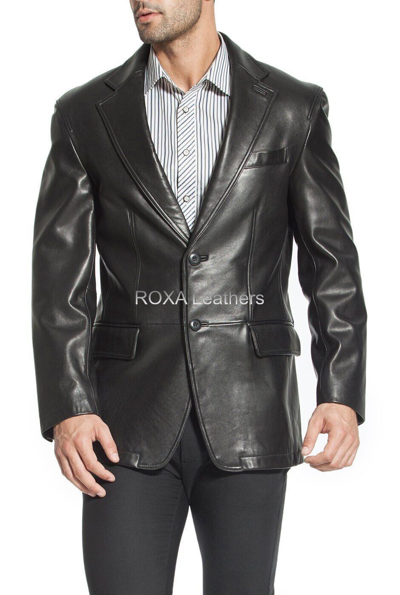 Pre-owned King Leathers Men's Genuine Lambskin Real Leather Blazer Two Button Office Wear Black ...