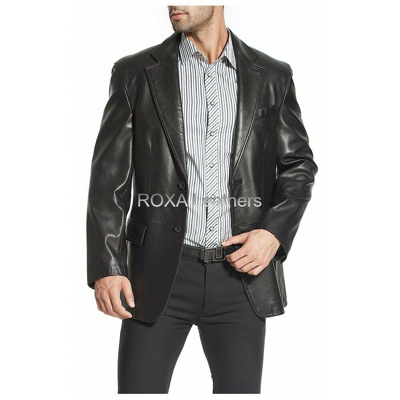 Pre-owned King Leathers Men's Genuine Lambskin Real Leather Blazer Two Button Office Wear Black ...