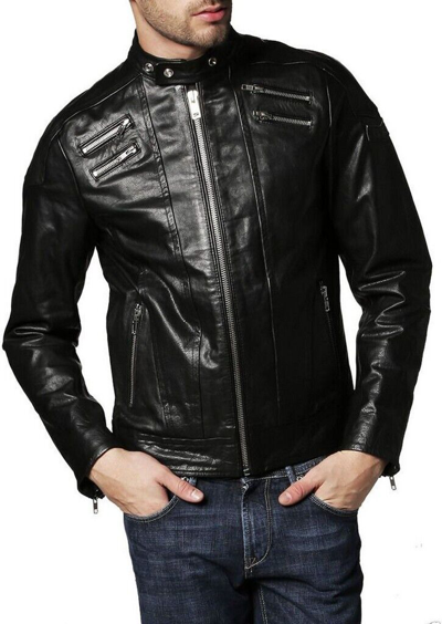 Pre-owned Handmade Men's Genuine Lambskin Leather Motorcycle Jacket Slim Fit Biker Jacket ...