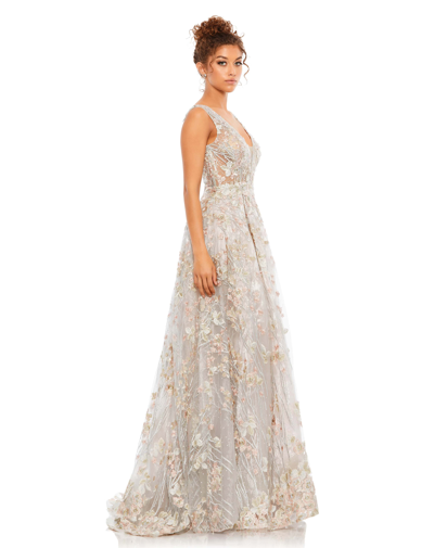 Mac Duggal Floral Embroidered Illusion V-neck Gown In Floral Multi | ModeSens