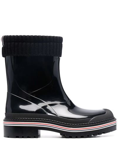 Thom Browne Knitted-cuff High-shine Rain Boots In Black | ModeSens