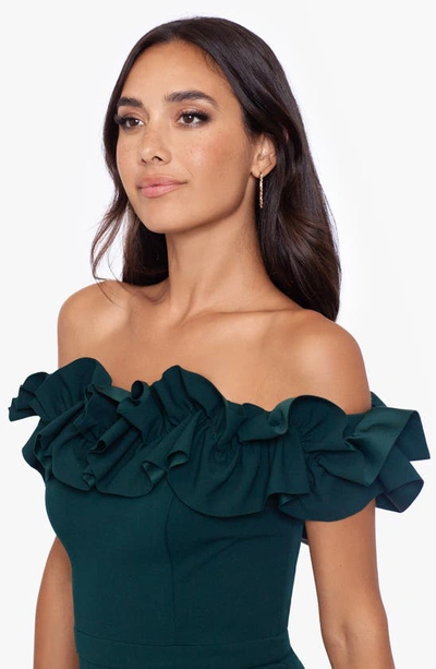Xscape Ruffle Off The Shoulder Scuba Crepe Midi Dress In Pine | ModeSens