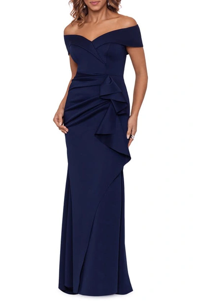 Xscape Off The Shoulder Ruffle Scuba Gown In Midnight | ModeSens