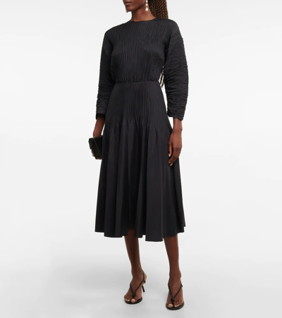 Vince Micro Pleated Long Sleeve Midi Dress In Black | ModeSens