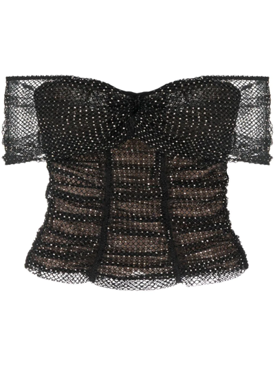 Self-portrait Crystal-embellished Off-the-shoulder Fishnet Top In Black ...