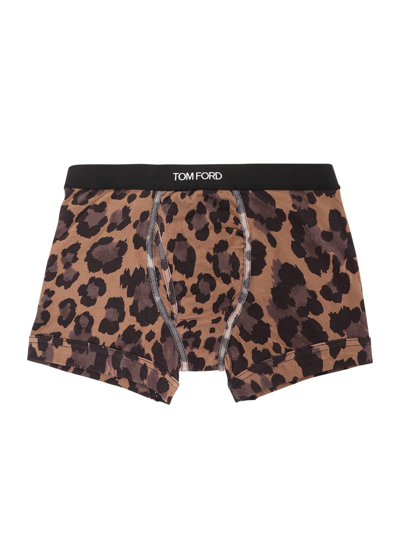 Tom Ford Leopard Print Silk Blend Satin Boxer Shorts In Brown Modesens