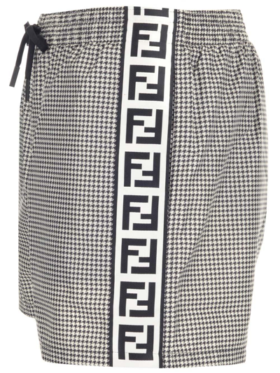 Fendi Ff Logo Tape Houndstooth Swim Trunks In Plaster Black | ModeSens