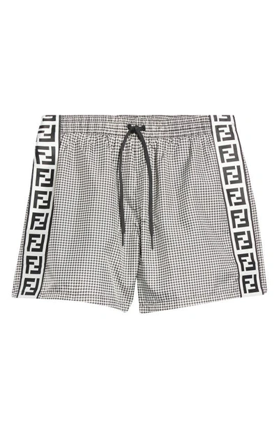 Fendi Ff Logo Tape Houndstooth Swim Trunks In Plaster Black | ModeSens