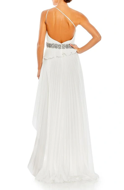 Mac Duggal Pleated One Shoulder Asymmetrical Ruffle Hem Gown In White