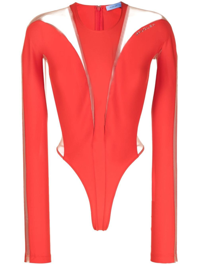 Mugler Red Panelled Stretch-jersey Bodysuit | ModeSens